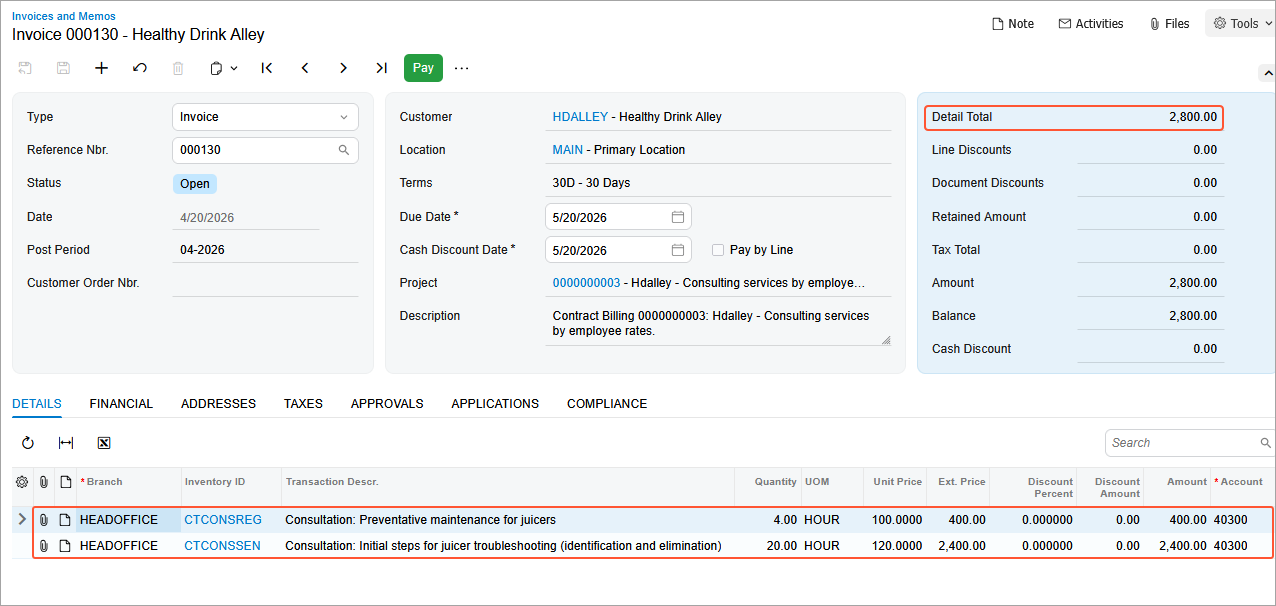 Contract Billing: To Bill a Consulting Contract by Employee Activity Usage