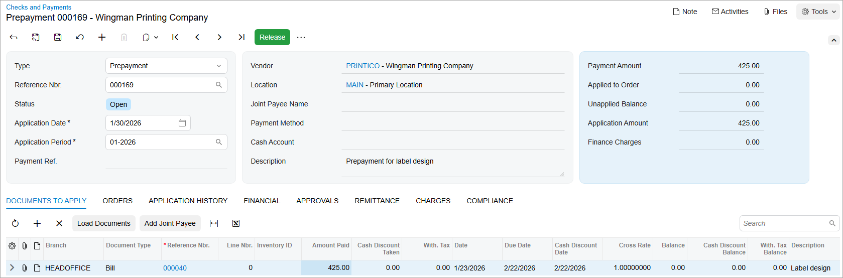 Bill Prepayments: To Process a Prepayment