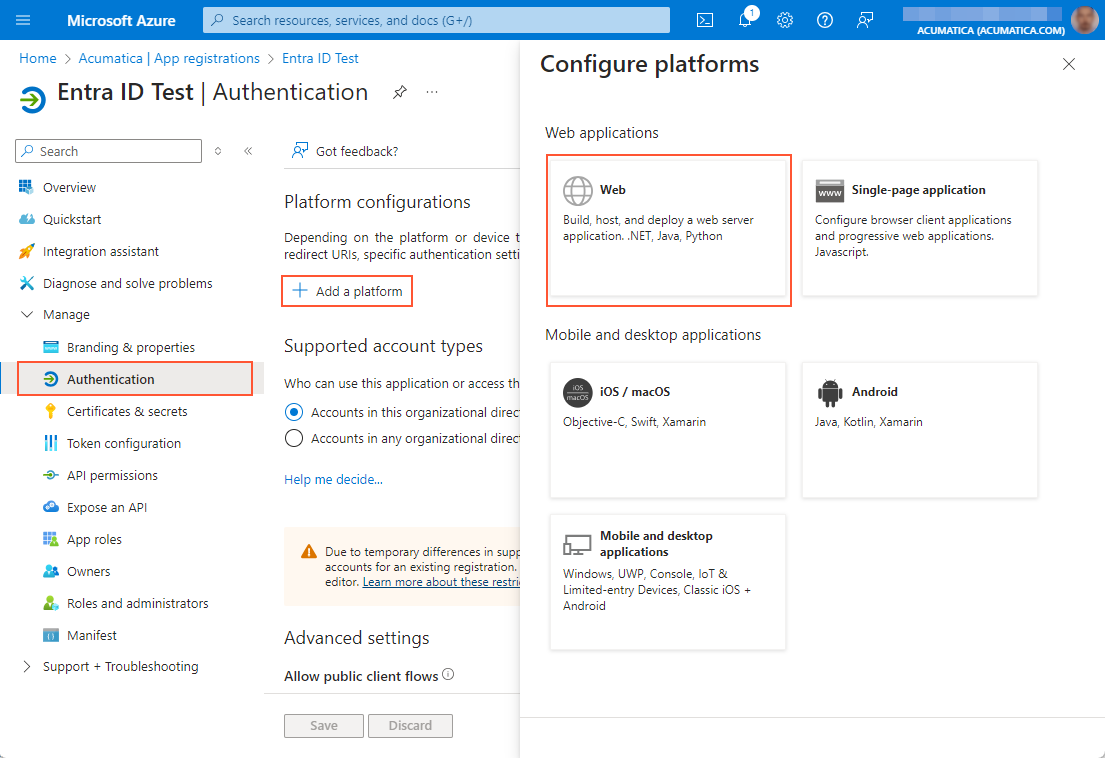 To Configure Microsoft Azure for Integration with Your Acumatica ERP Instance