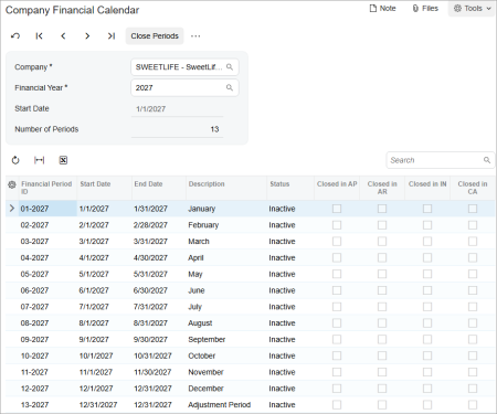 Financial Calendar Generation: Process Activity